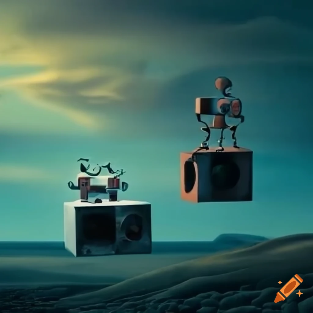 Mini square robots playing in a surreal Dali-esque landscape on Craiyon