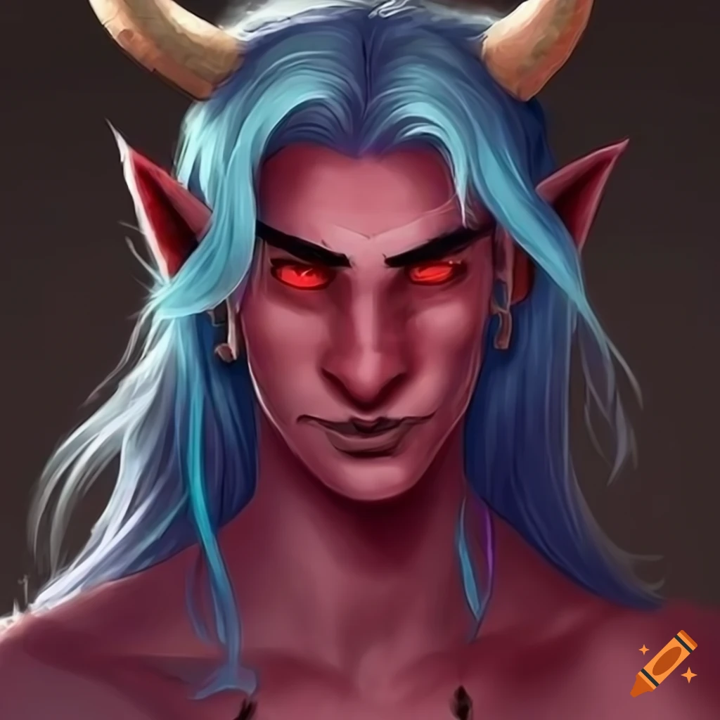 Male tiefling with red-tinted skin, blue hair, and goat-like legs in ...