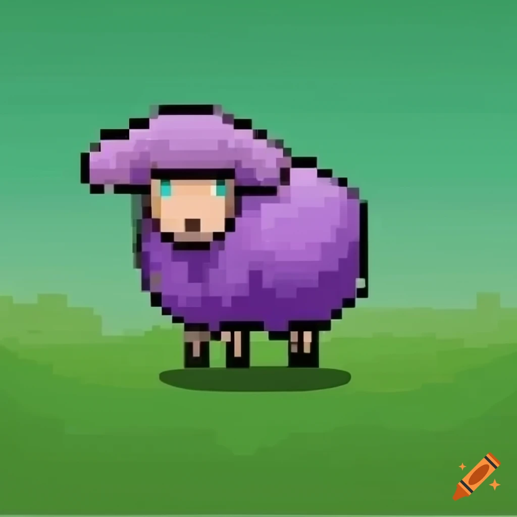 Pixelated purple sheep in green grass cartoon art on Craiyon