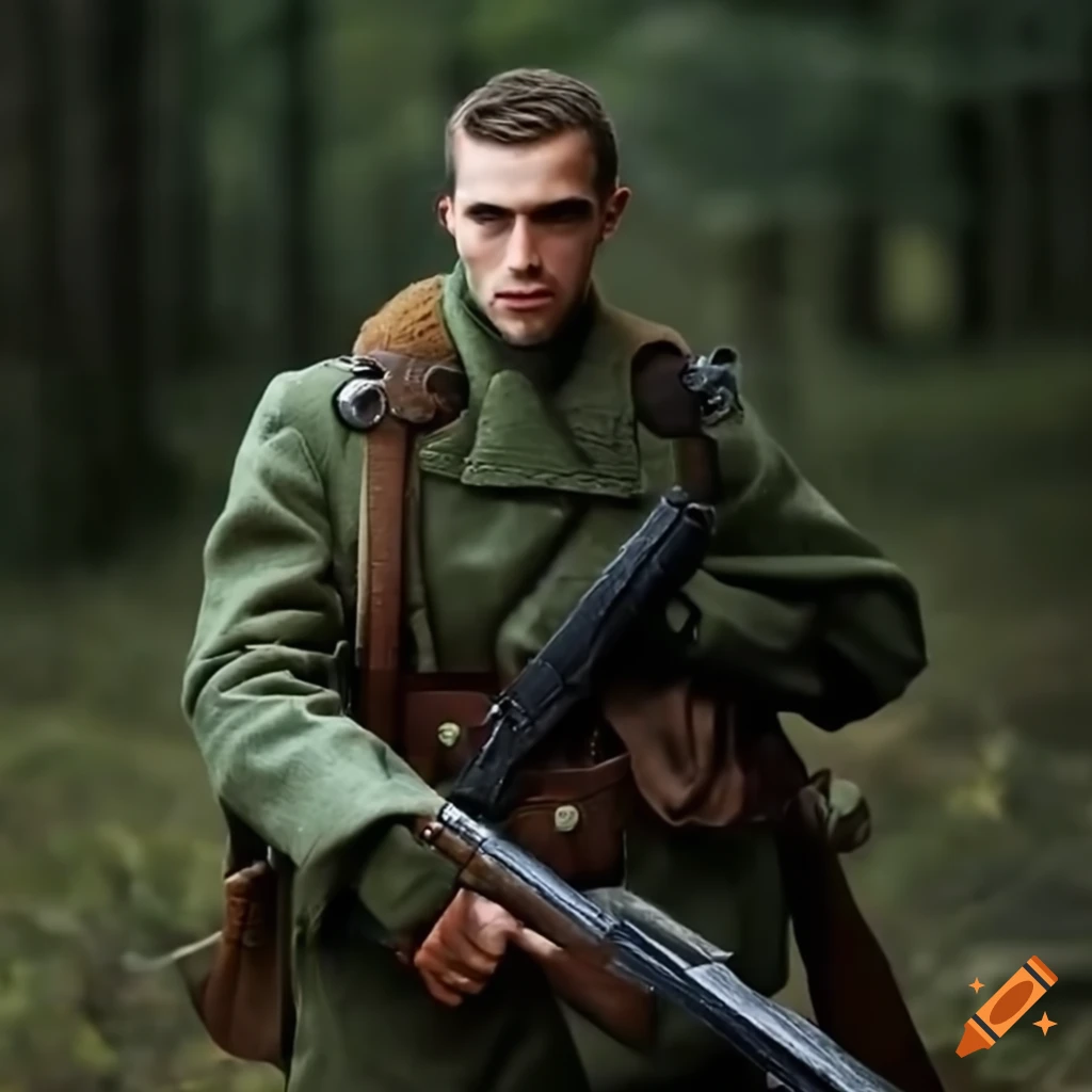 Adventurous man in forest with vintage Hugo Boss outfit inspired by WW2 ...