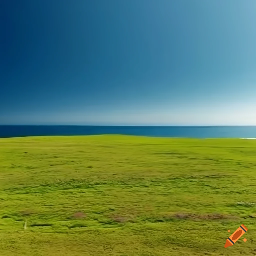 Grassy hill overlooking the ocean on a sunny day on Craiyon