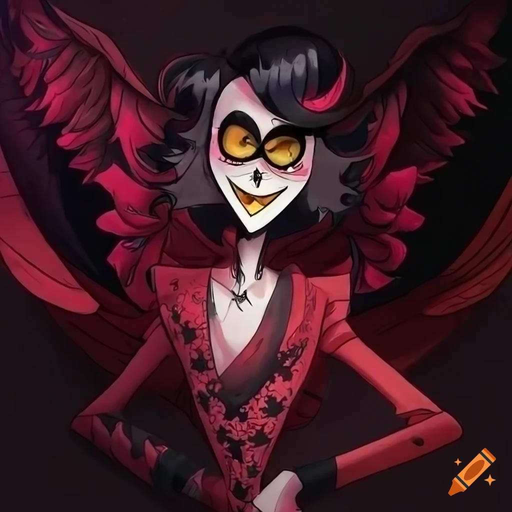 Fallen angel character from Hazbin Hotel with black hair, wings, and ...