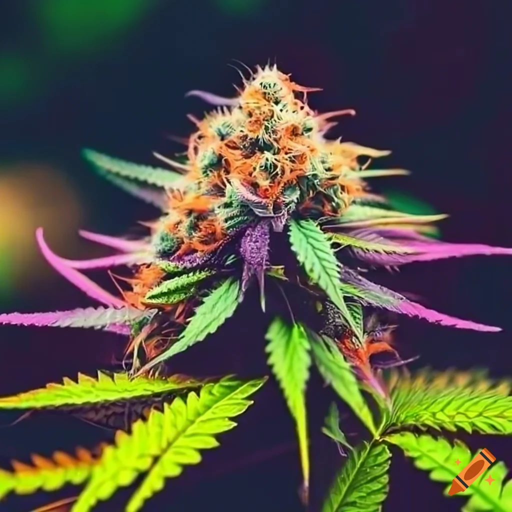 Colorful cannabis flower with a rainbow backdrop on Craiyon