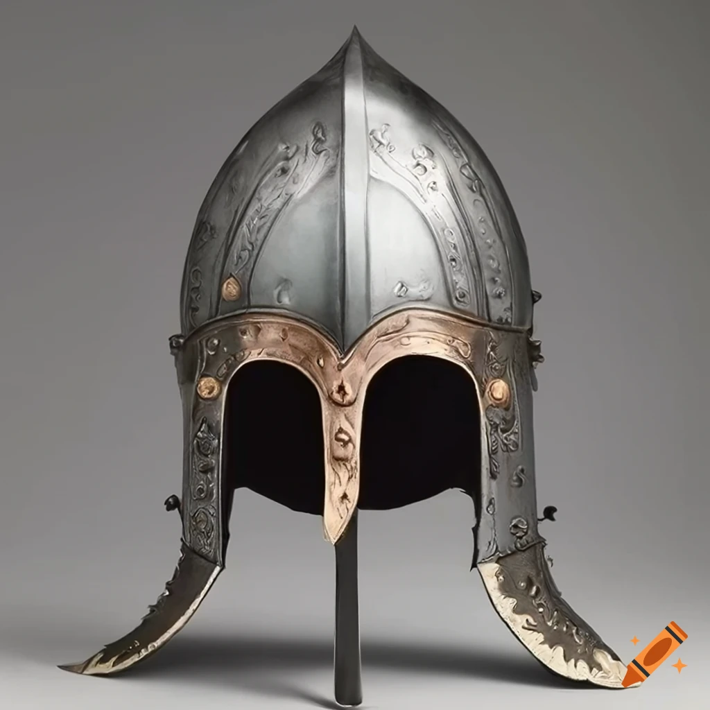Polished steel helmet with decorative engravings of intertwining vines ...