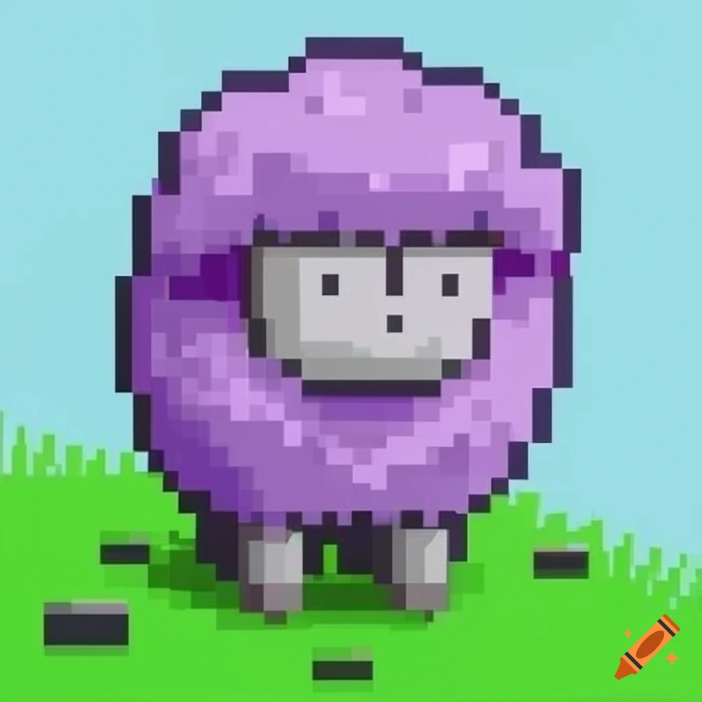 Pixelated purple sheep in green grass cartoon art on Craiyon