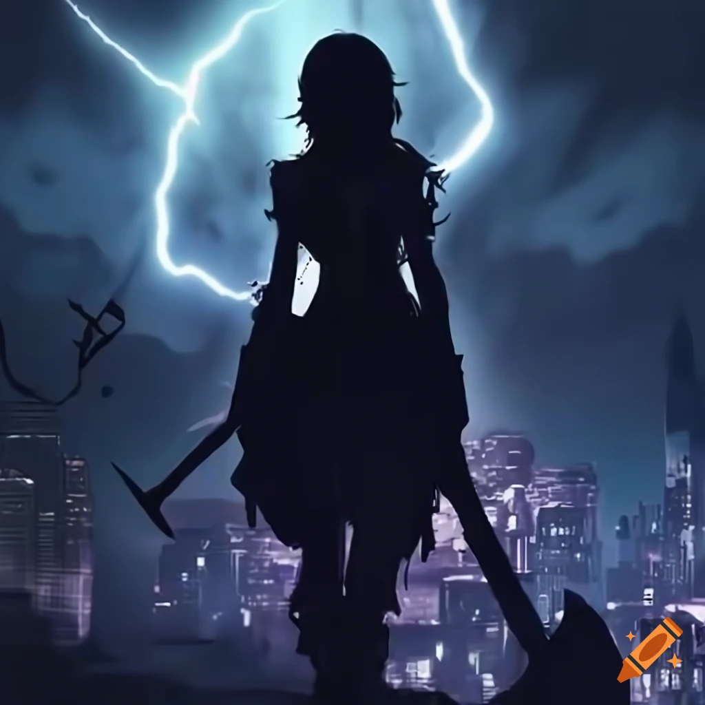 Silhouette of goth holding a lightning axe in an anime apocalypse scene ...