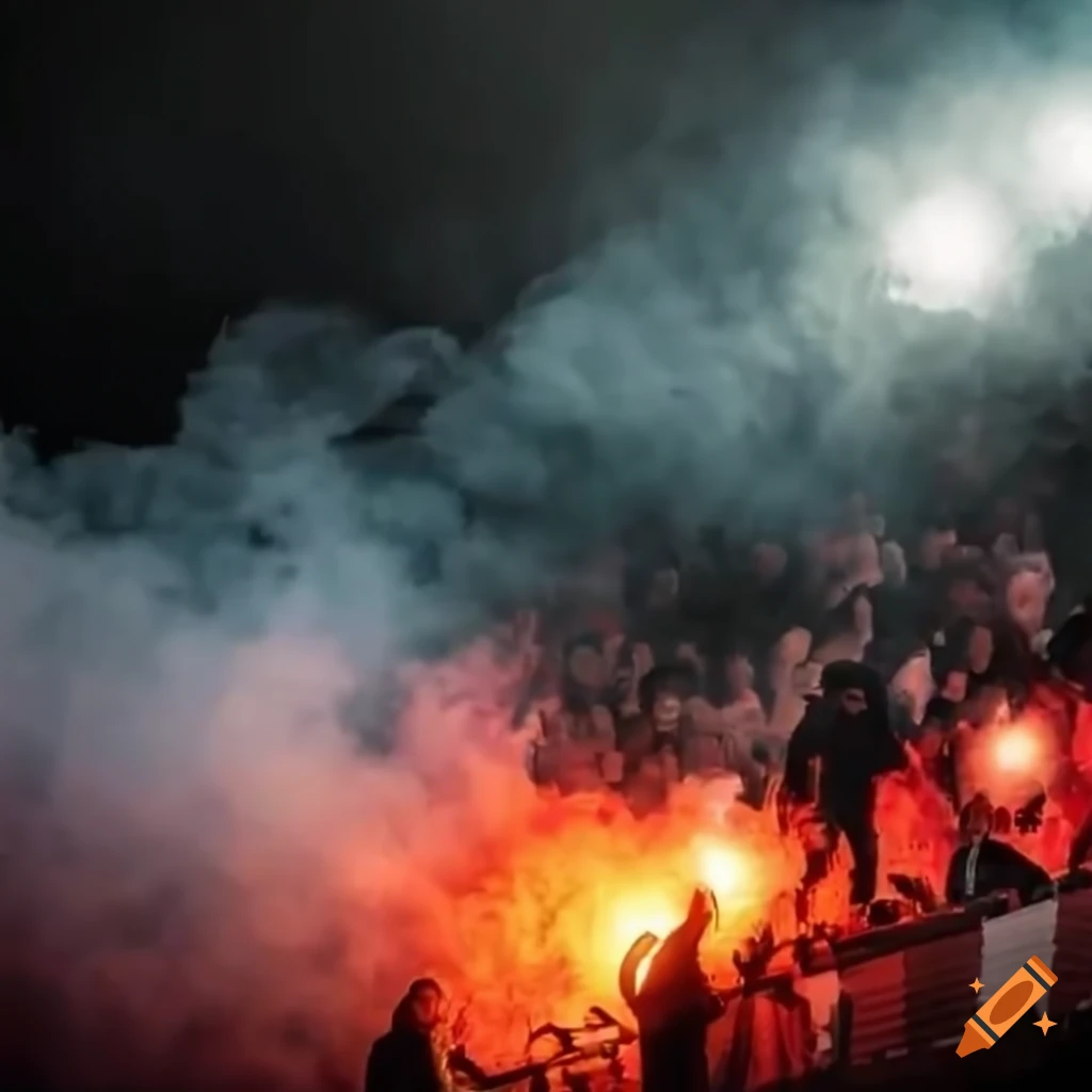 Ultras stand at a football club stadium with flares, smoke bombs, and ...