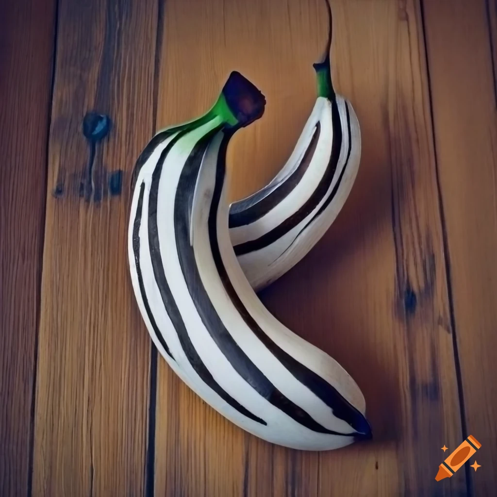 Banana with zebra-patterned wrapping on wooden table with a knife on ...