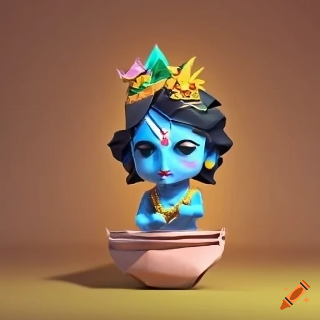 Origami of a cute Krishna bursting a butter pot on Craiyon