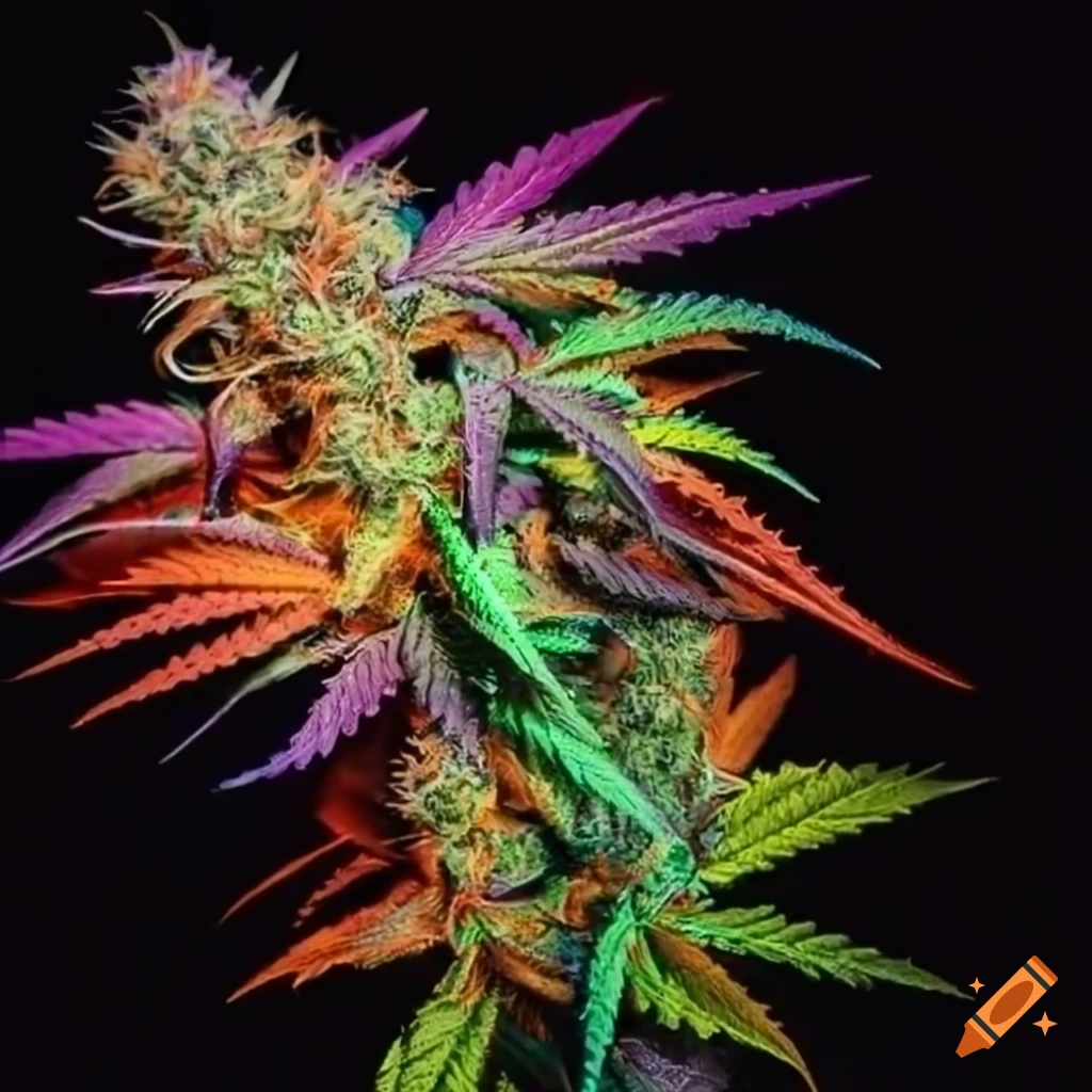 Colorful cannabis flower with psychedelic rainbow colors on Craiyon