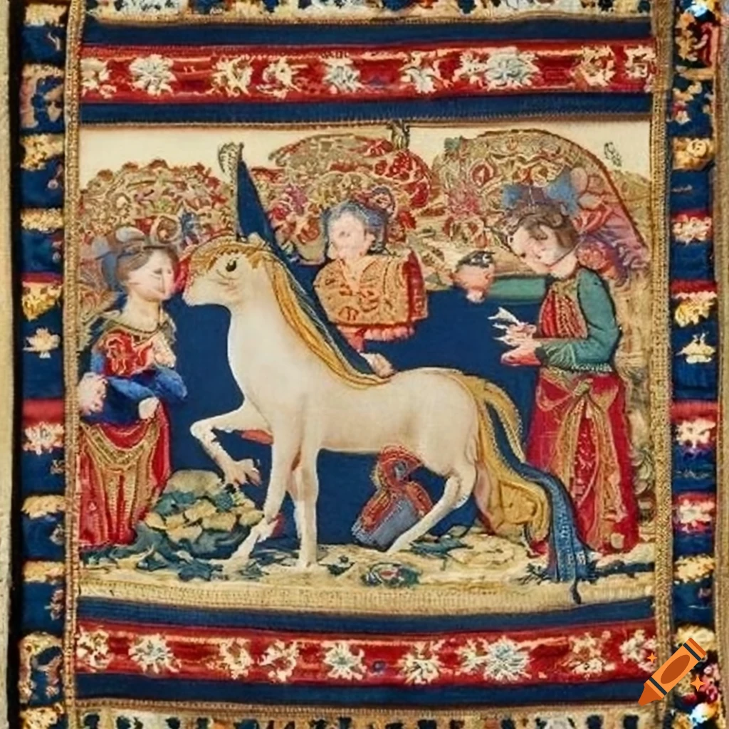 Medieval tapestry depicting a prince and unicorn on Craiyon