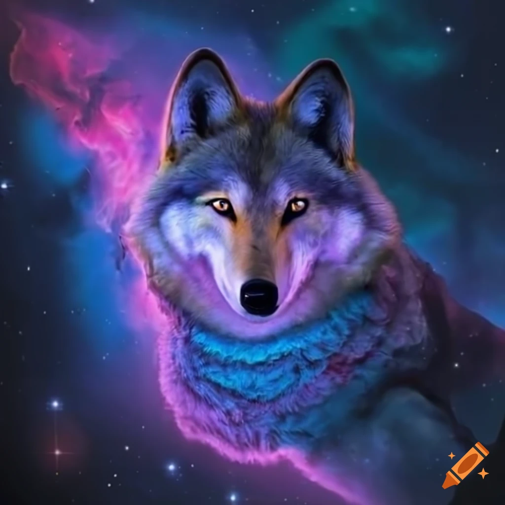 Majestic wolf with a galactic nebula body and glowing eyes on Craiyon