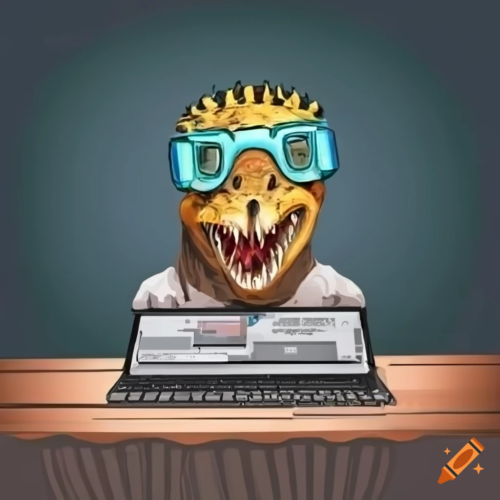 Amusing T-Rex with goggles coding on a laptop on Craiyon
