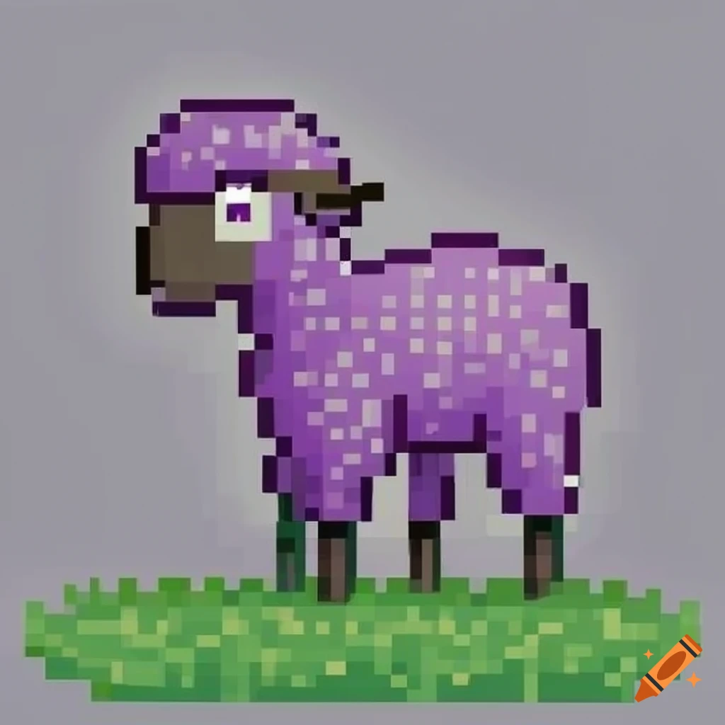Pixelated purple sheep in green grass cartoon art on Craiyon
