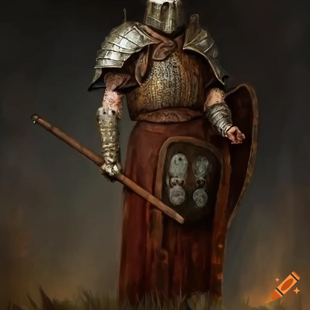 Undead warrior in ancient bronze armor with swords and shields on Craiyon