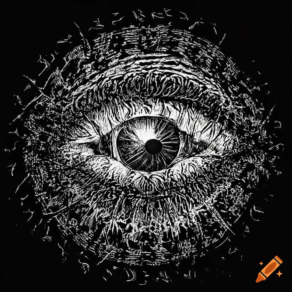 Engraved eye surrounded by chaotic lines in a dark and mysterious style ...