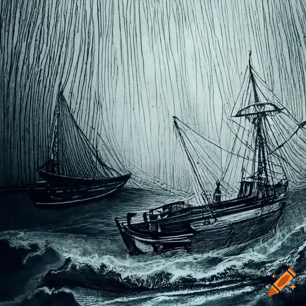 Small modern fishing boat rising in mist on rough sea, detailed etching ...