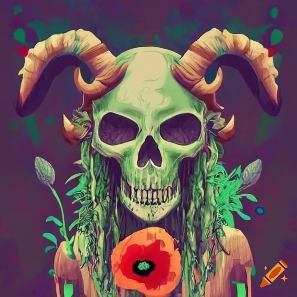 Skull druid shaman with wooden horns and plants on Craiyon