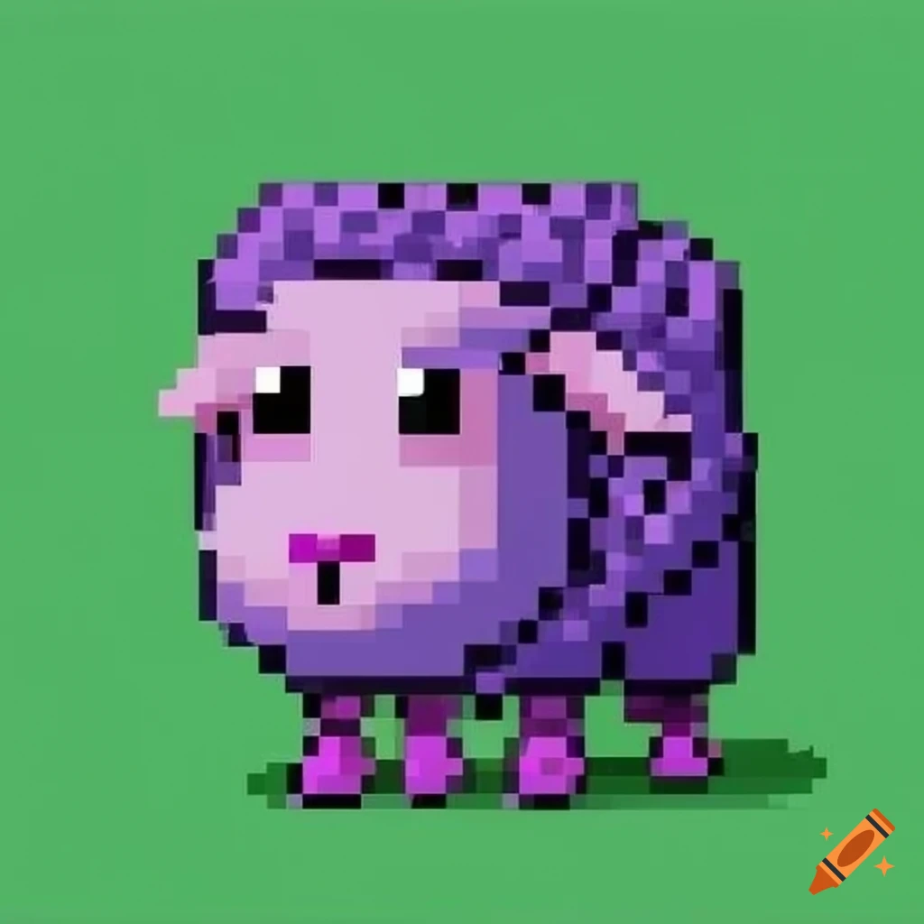 Pixelated purple sheep in green grass graffiti cartoon art on Craiyon