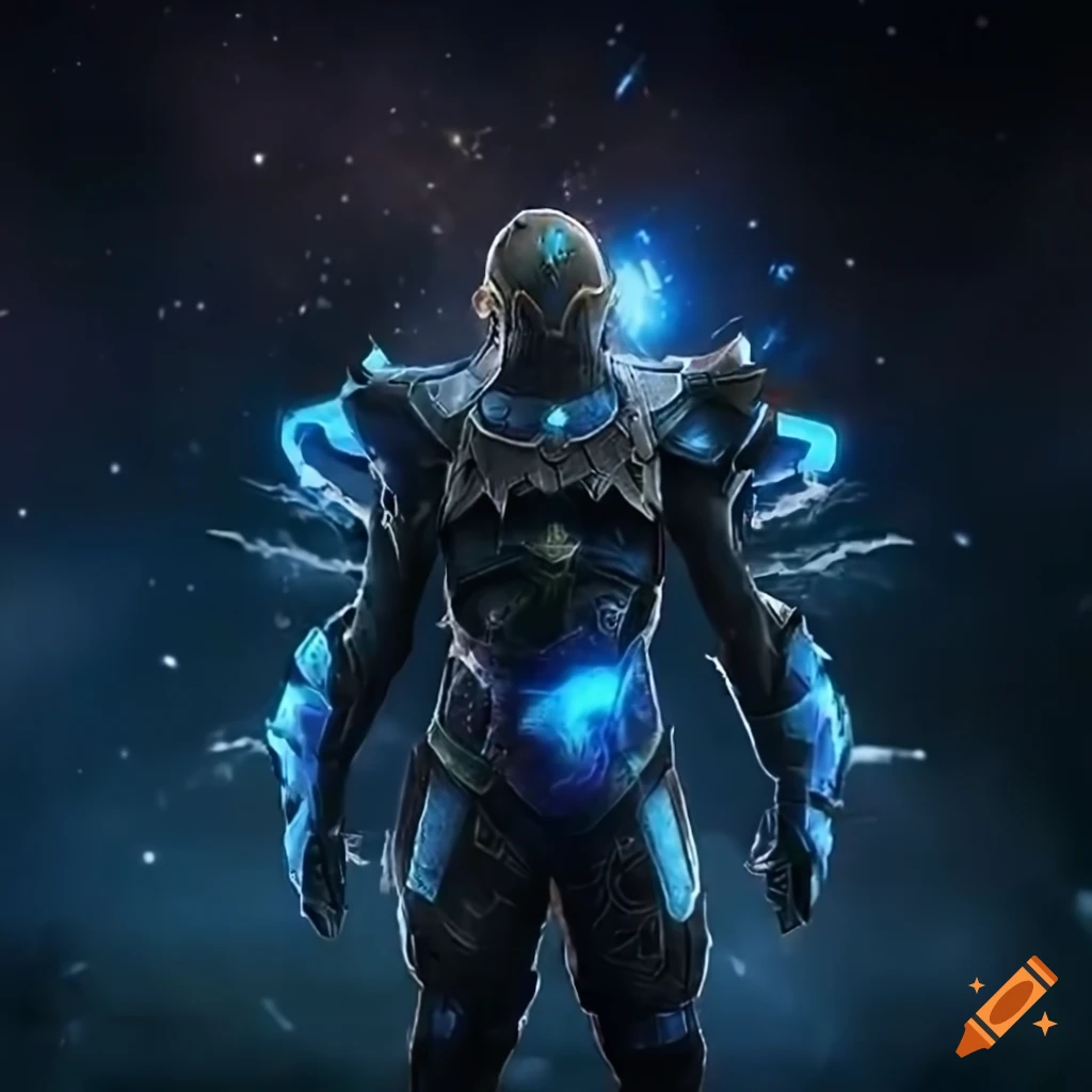 Universal energy being in black and blue energy armor glowing and ...