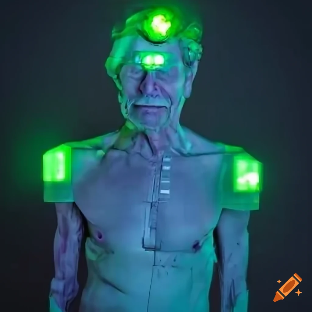 PhotoRealistic image of a handsome 70-year old male cyborg with LED ...
