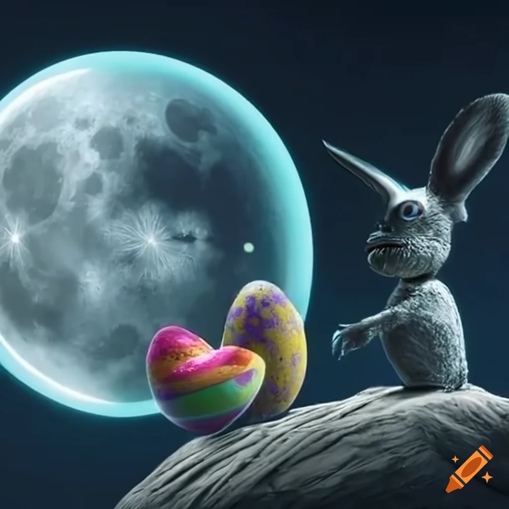 Easter bunny giving eggs during a war with aliens on a moon-like world ...