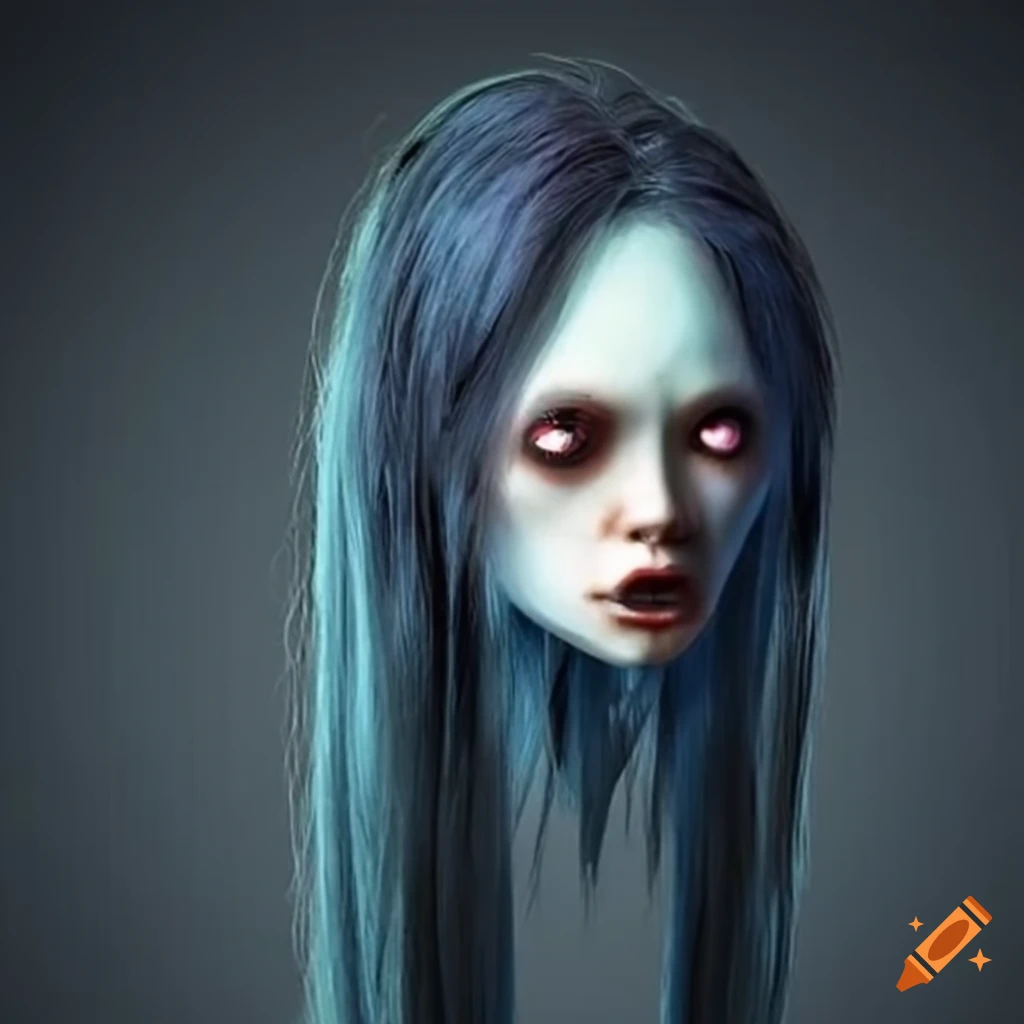 Ghost head with long hair and horrible face in a spooky setting on Craiyon