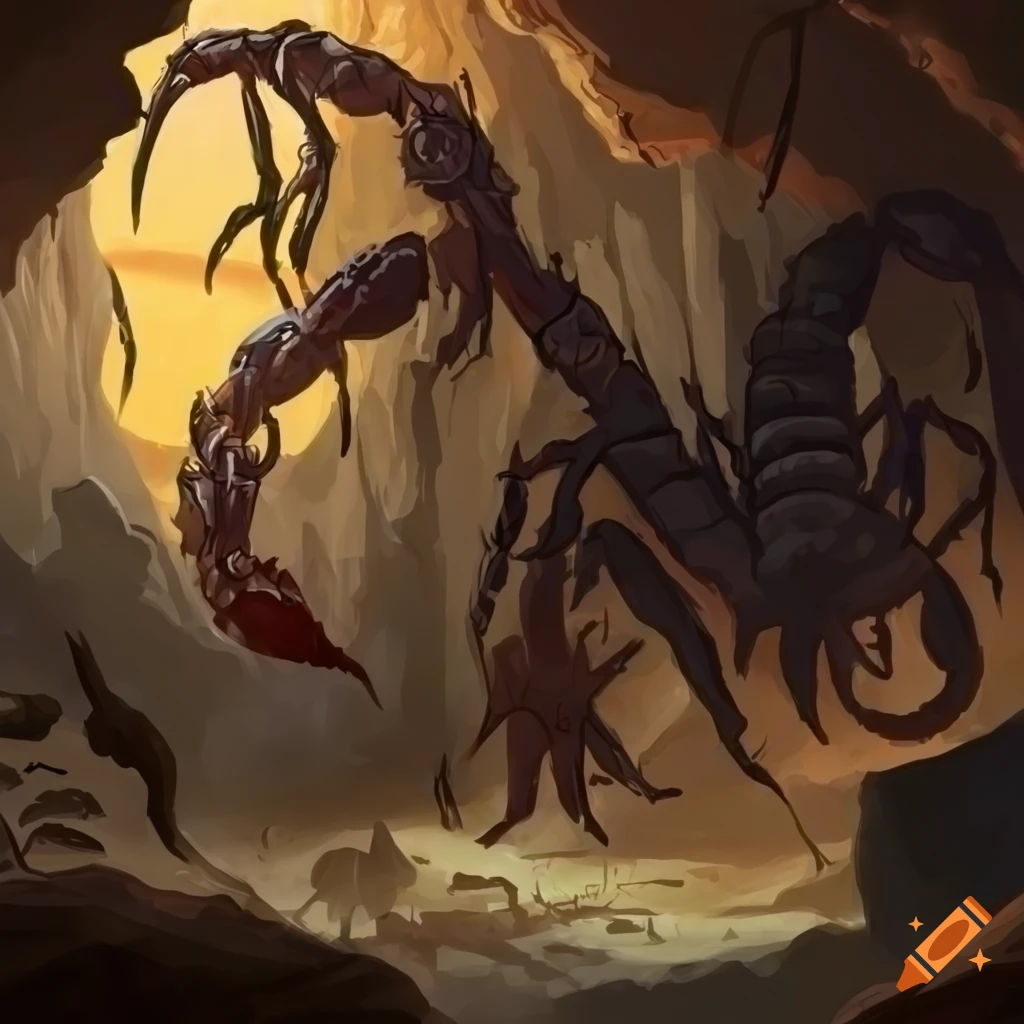 Giant scorpion inhabiting a cave in a fantasy setting on Craiyon