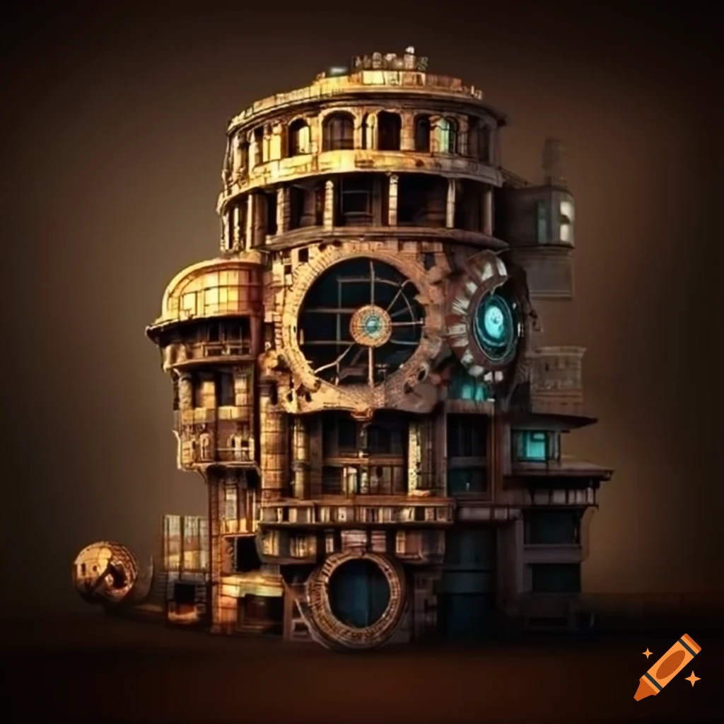 Futuristic steampunk factory producing gears on walls on Craiyon