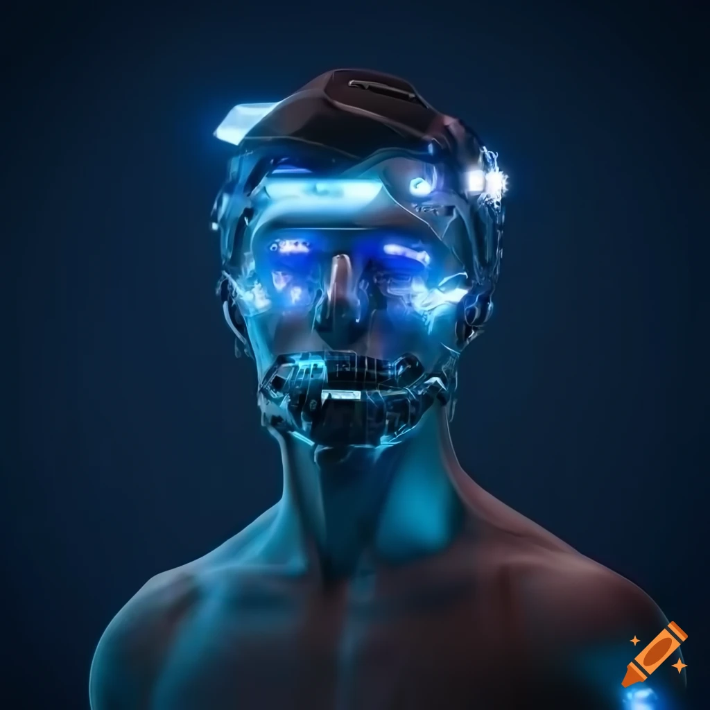 Skinny, handsome 51-year old male cyborg with LED panels in his mouth ...