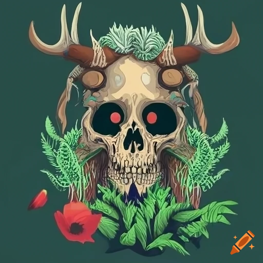 Skull druid shaman with wooden horns and plants on Craiyon