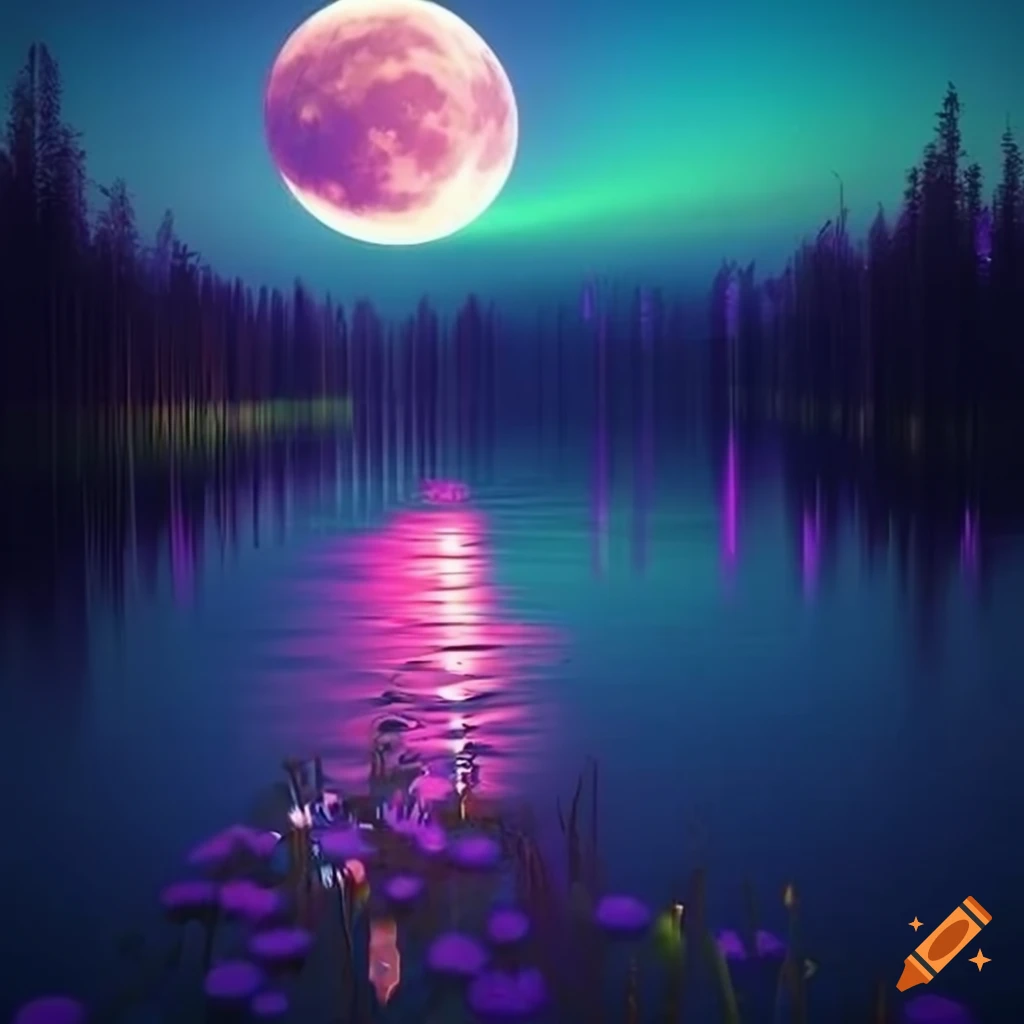 Serene night lake with pink-infused waters under a luminous crescent ...