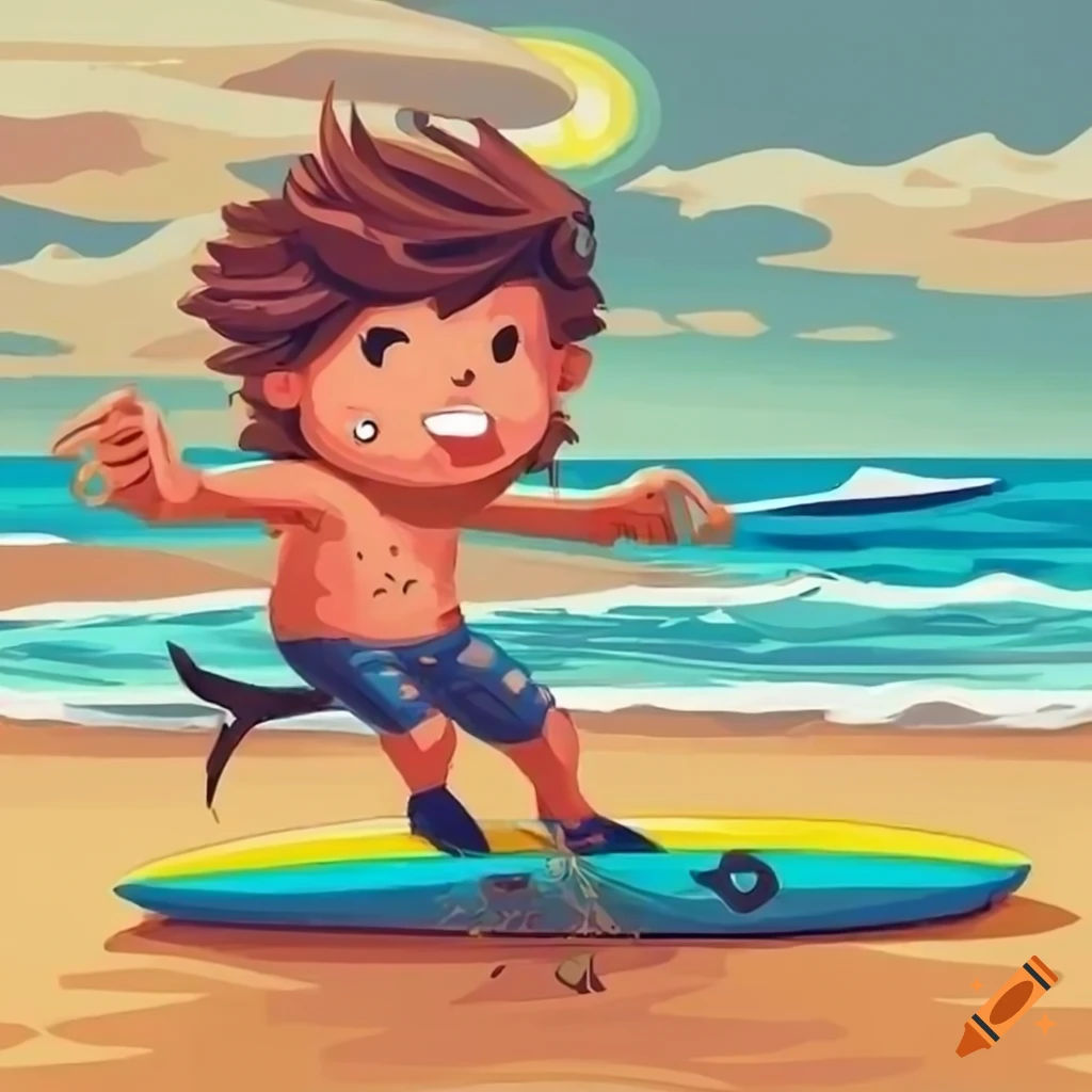 Man prancing with a surfing board on the beach in a cute cartoon style ...