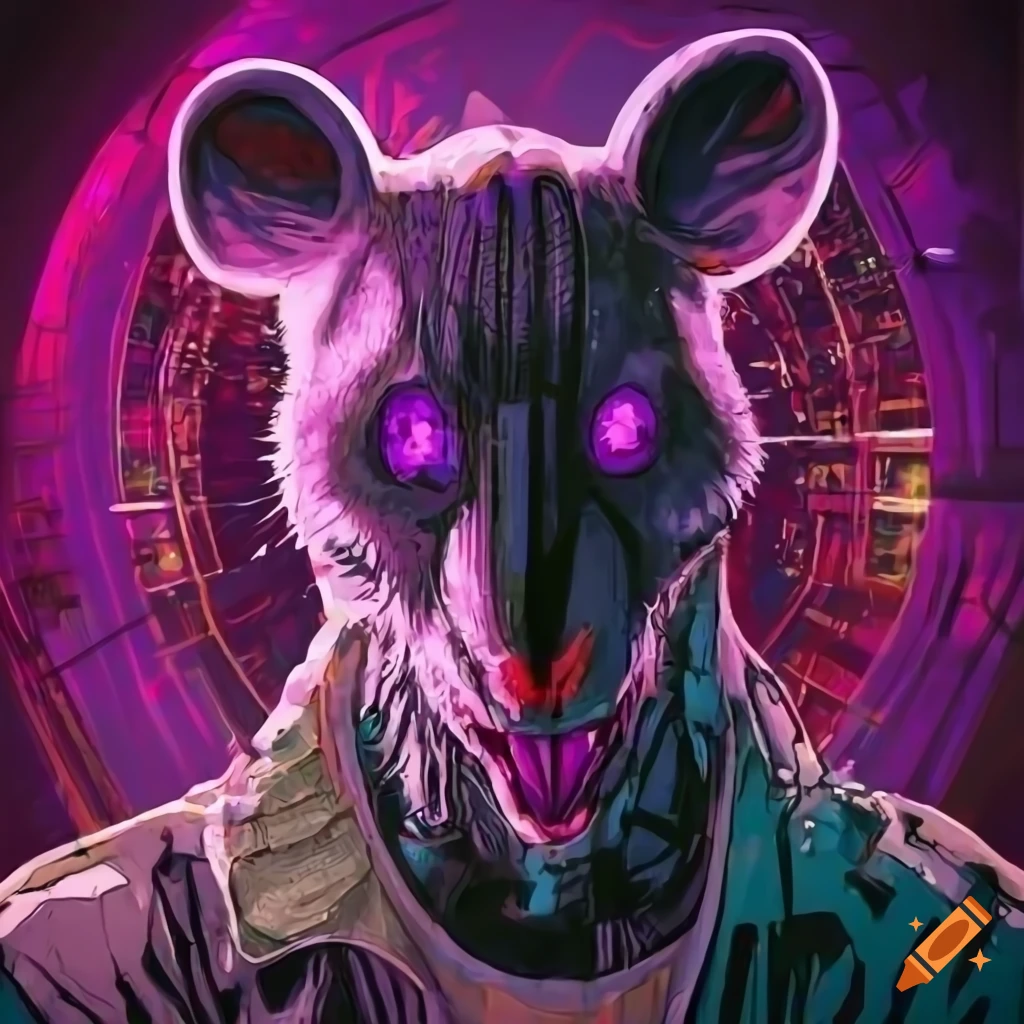 Portrait of a humanoid rat male with violet eyes in a cyberpunk night ...