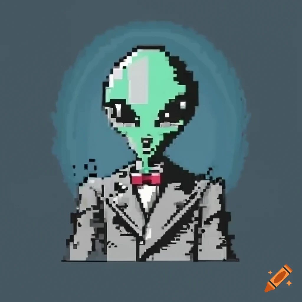 Tuxedo-wearing alien sitting down in an 8-bit style on Craiyon