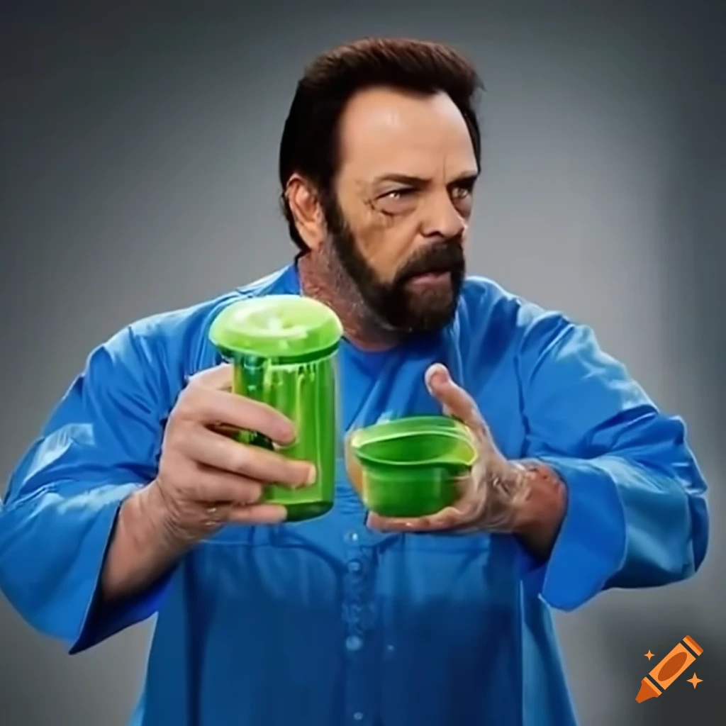 Billy Mays demonstrating OxiClean's power in a TV ad on Craiyon