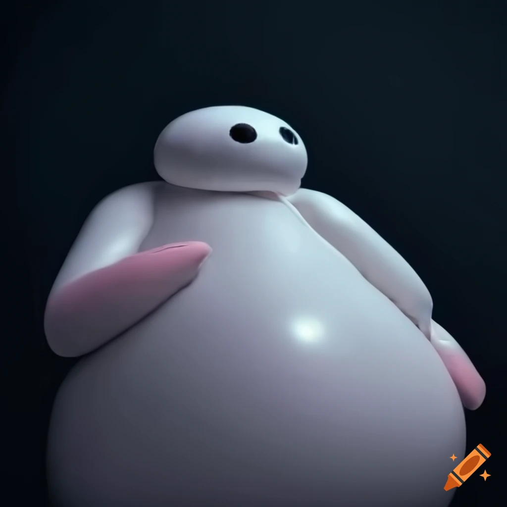 Joyful baymax in a sci-fi lab hugging its belly on Craiyon