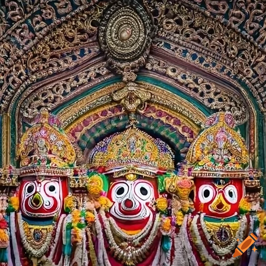 Intricately decorated icons of Lord Jagannath, Balabhadra, and Subhadra ...