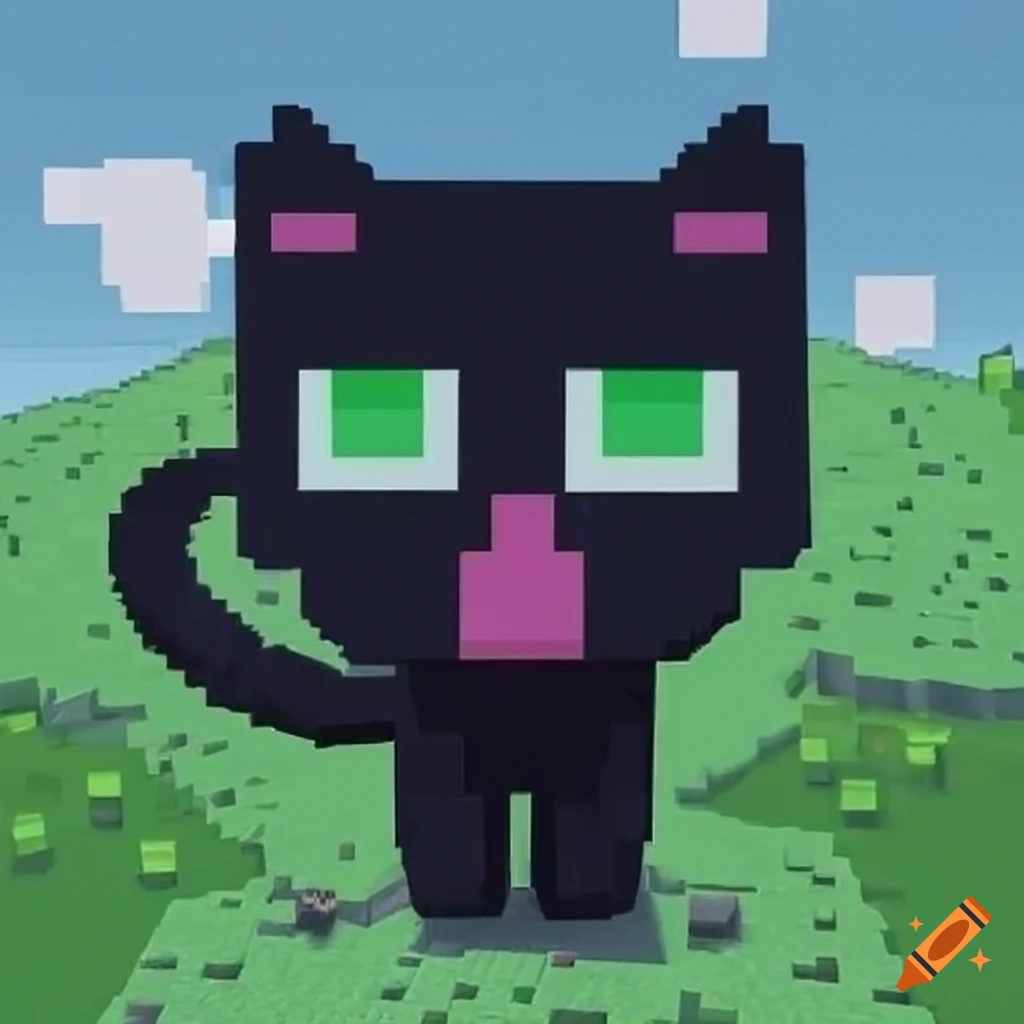 Cute black cat prancing on a hill in a Minecraft world on Craiyon