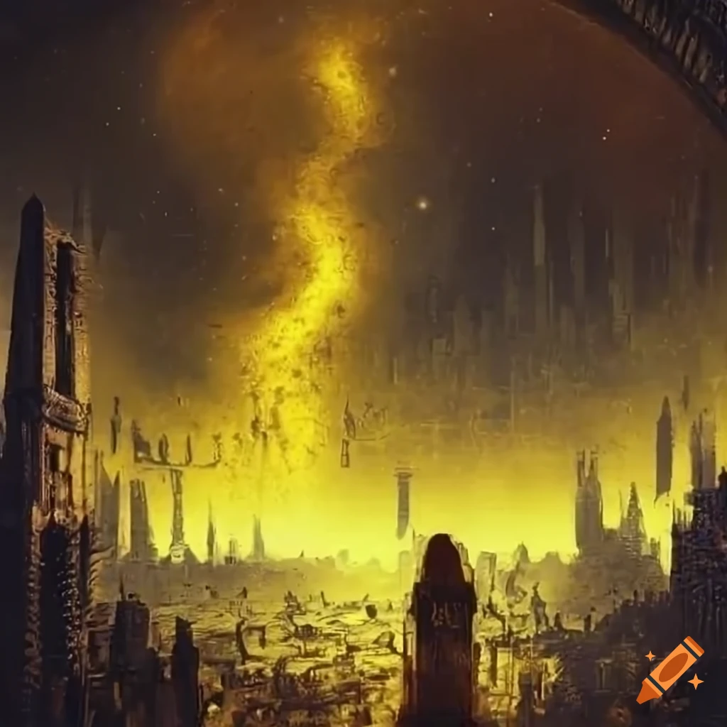 Starry night sky over the lost city of Carcosa in a fantasy horror ...