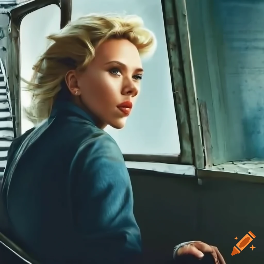 Blonde actress resembling Scarlett Johansson in outlaw biker style fashion on Craiyon