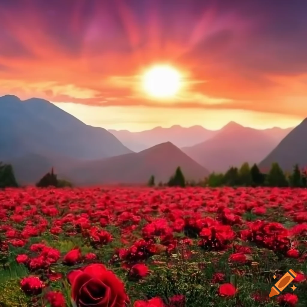 Red rose field with mountains at sunset in a realistic photograph on ...