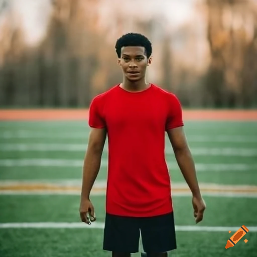 Mixed race guy in red t-shirt standing on a football field on Craiyon
