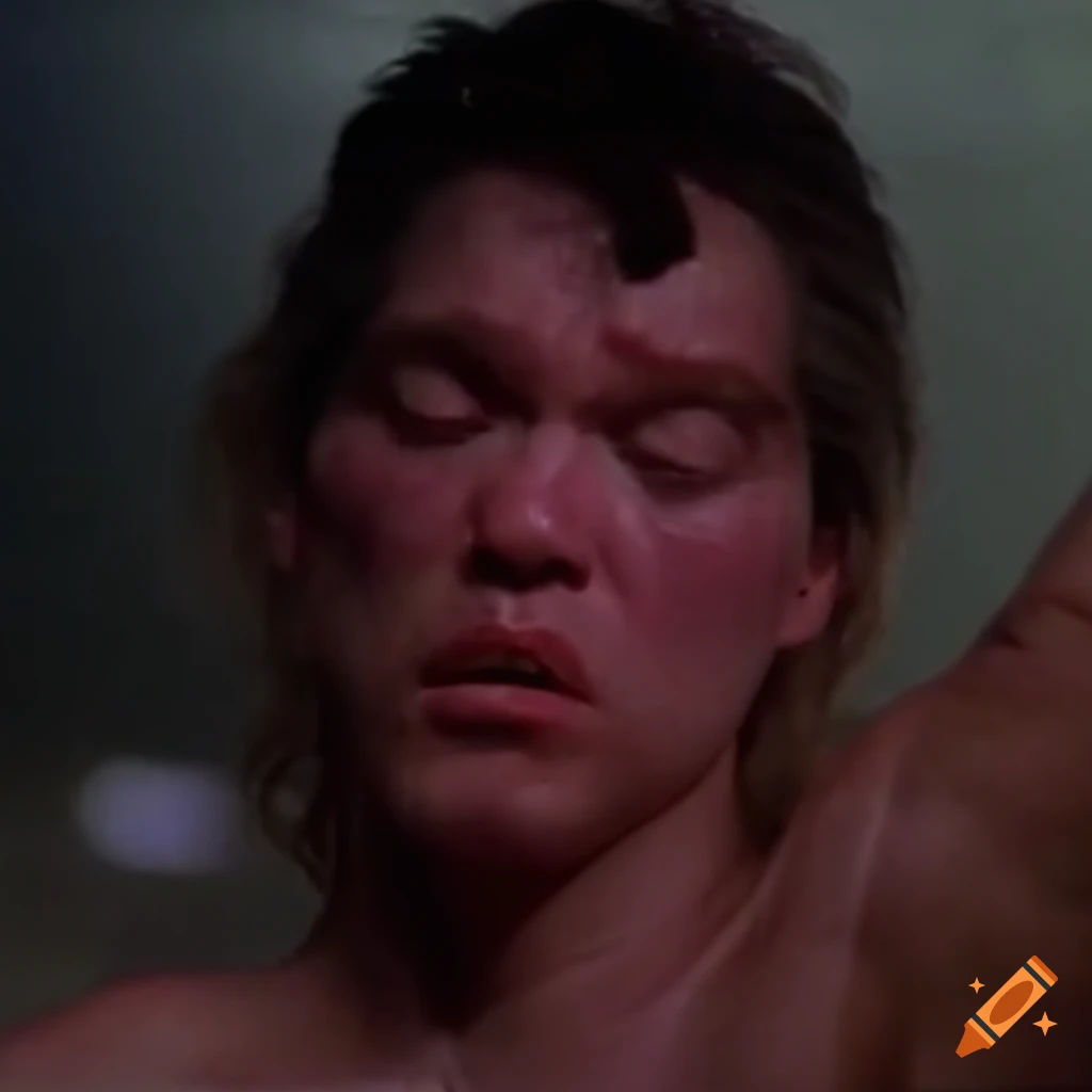 Expressive 80's movie screencap of a sweat-drenched female martial ...