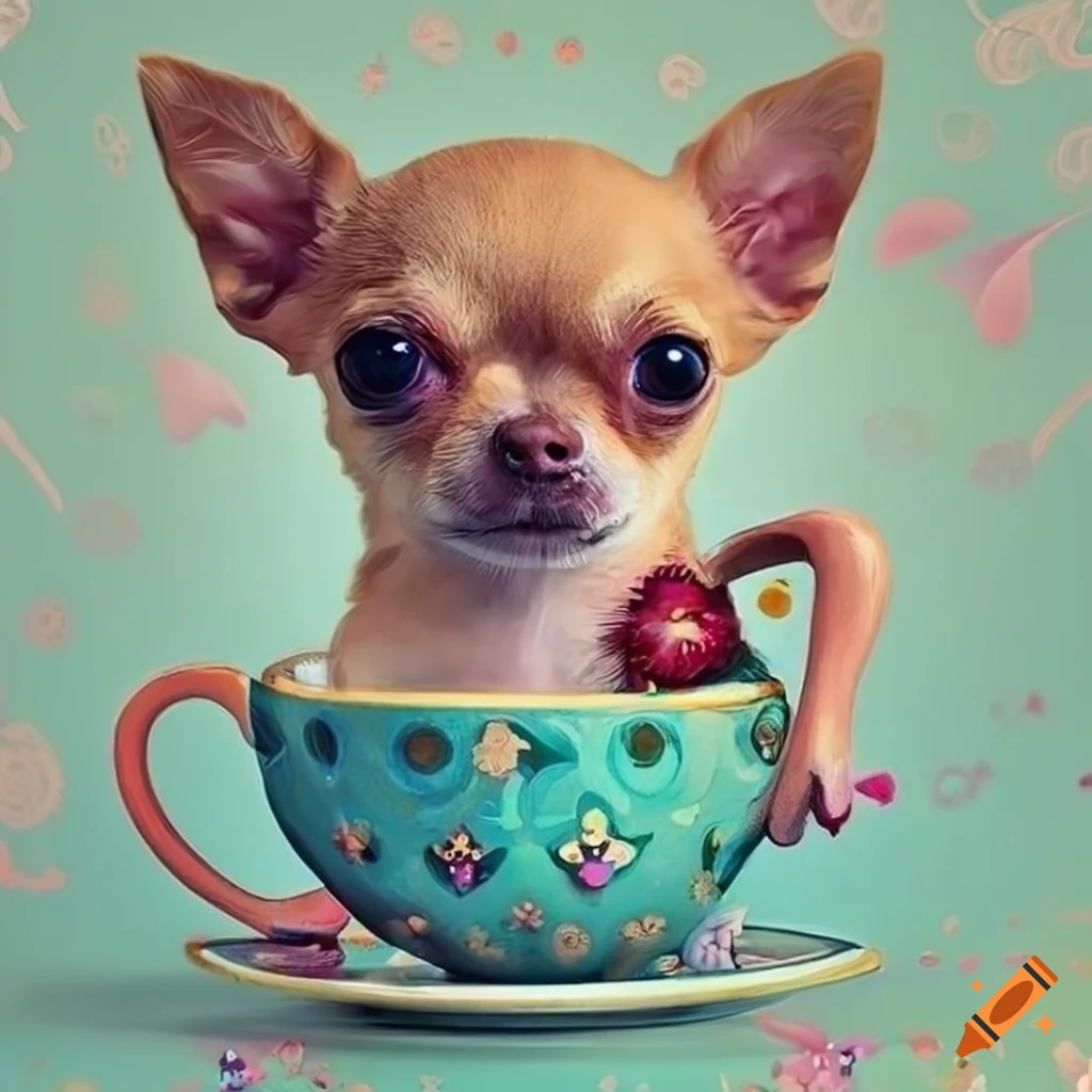 Chihuahua surrounded by whimsical TeaCup characters in a magical ...