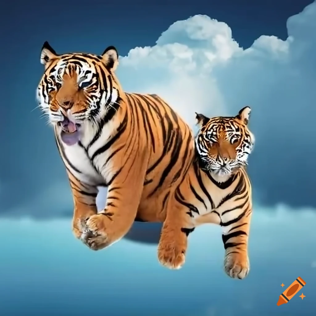 Two playful tigers driving a flying car above the clouds on Craiyon