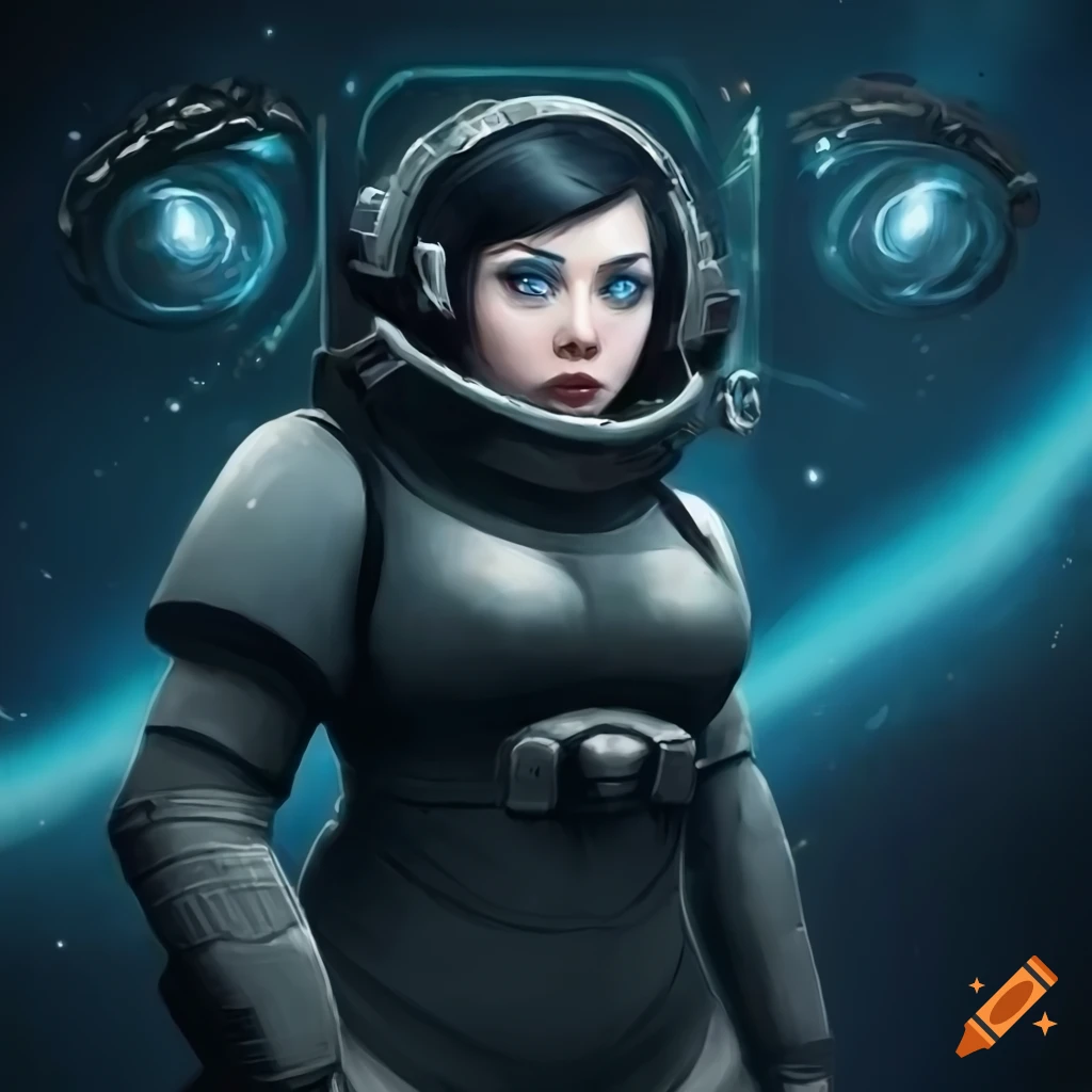 Interstellar space huntress in a spaceship control room on Craiyon