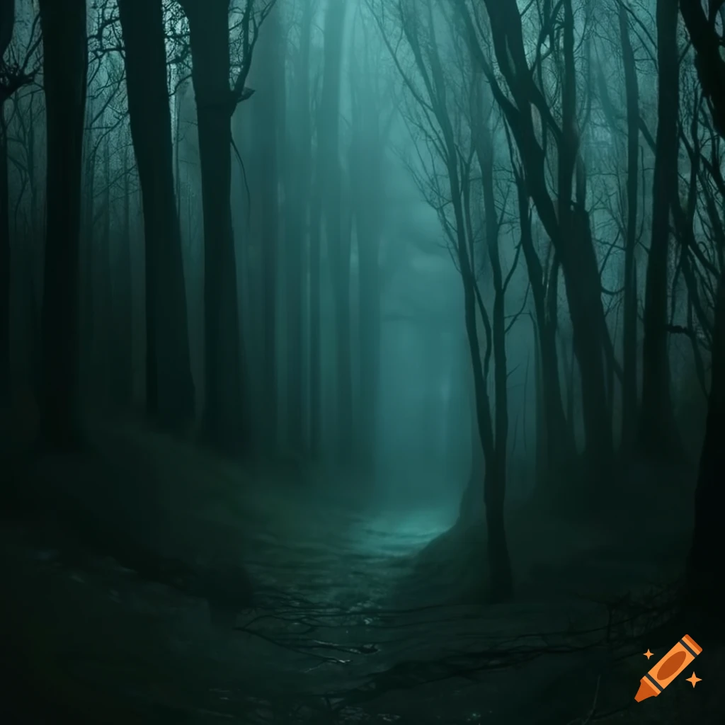 Forest path fading into dense fog and shadows on Craiyon