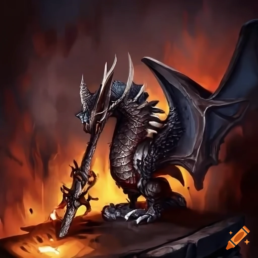 Intricately detailed dragon crafting a sword on a blacksmith's anvil on ...