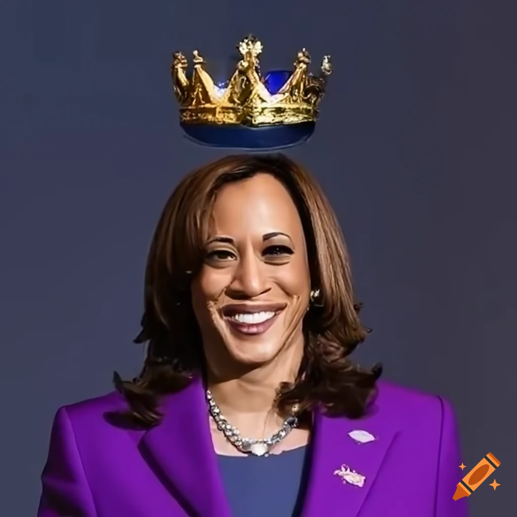 Regal portrait of President Kamala Harris in purple robe and crown on ...